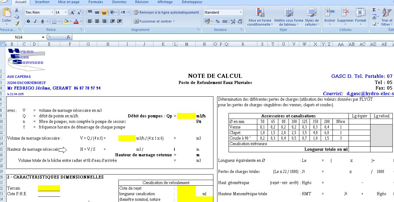 note de calcul pour station de pompage refoulement - excel