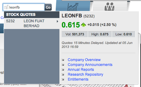My Investism: Leon Fuat Berhad (LEONFB) closed at RM 0.615 on its debut