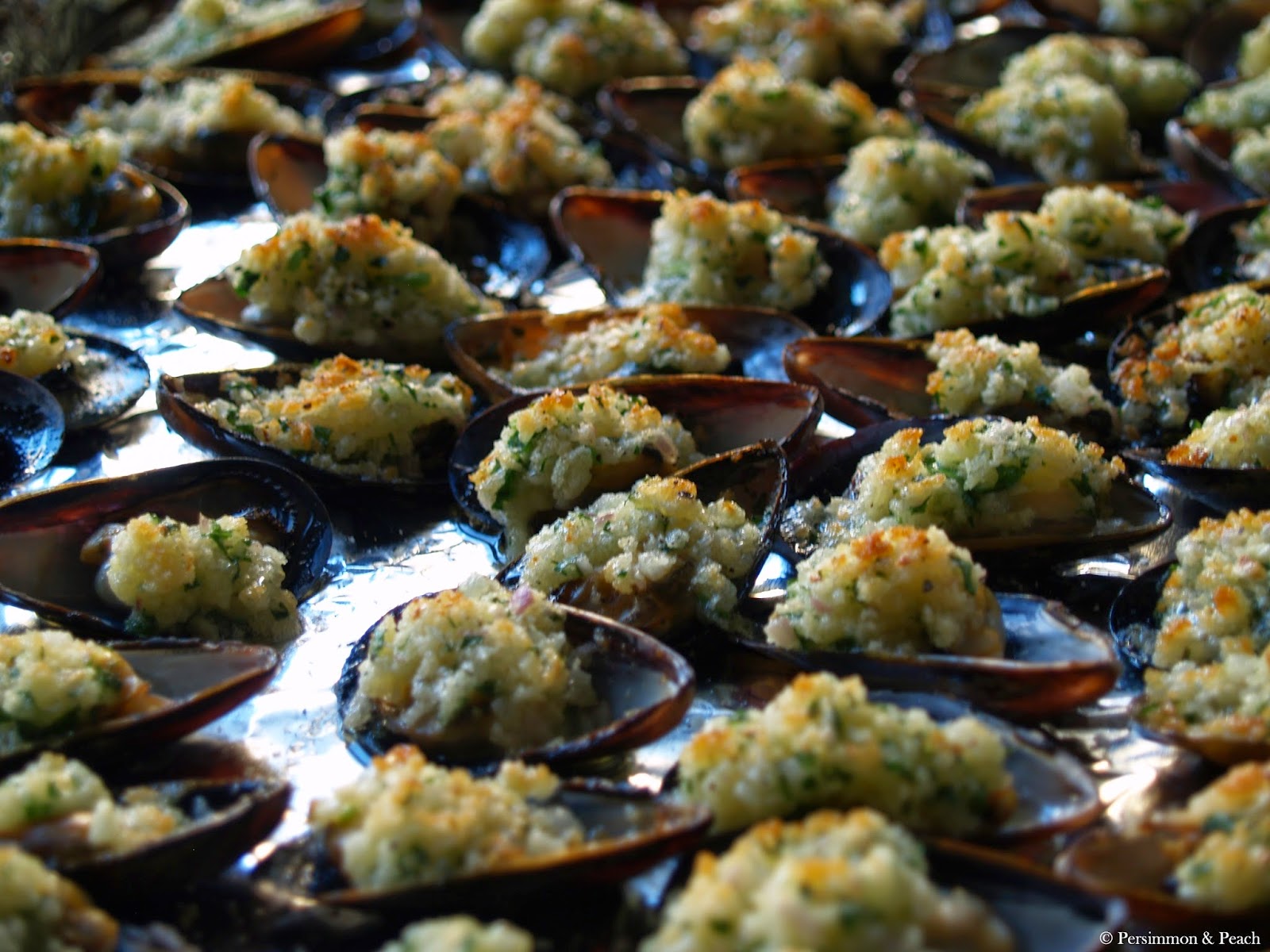 Persimmon and Peach: Mussels on the Half Shell, Gratinéed