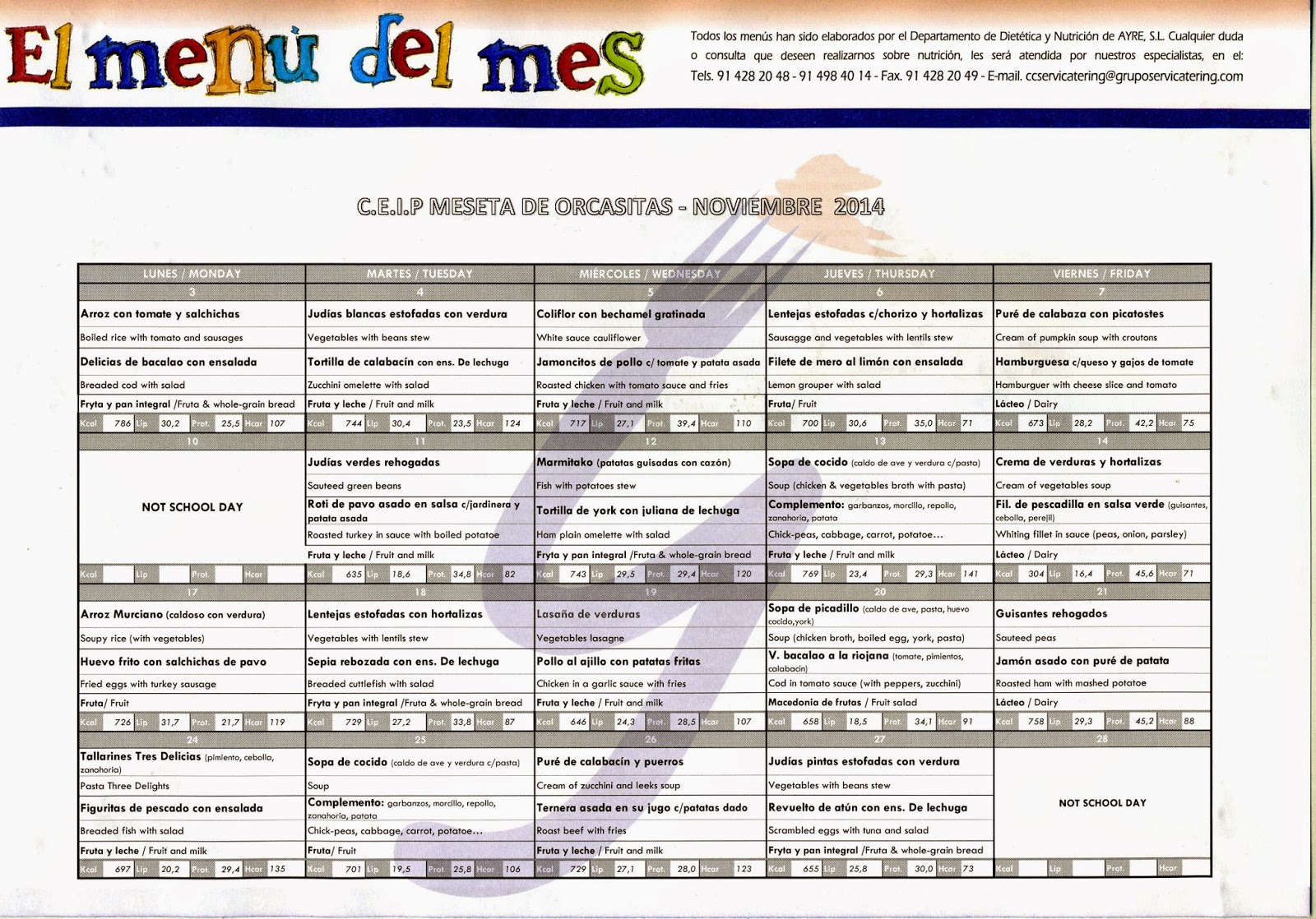 Comedor Meseta de Orcasitas: MENÚ MES NOVIEMBRE 2014