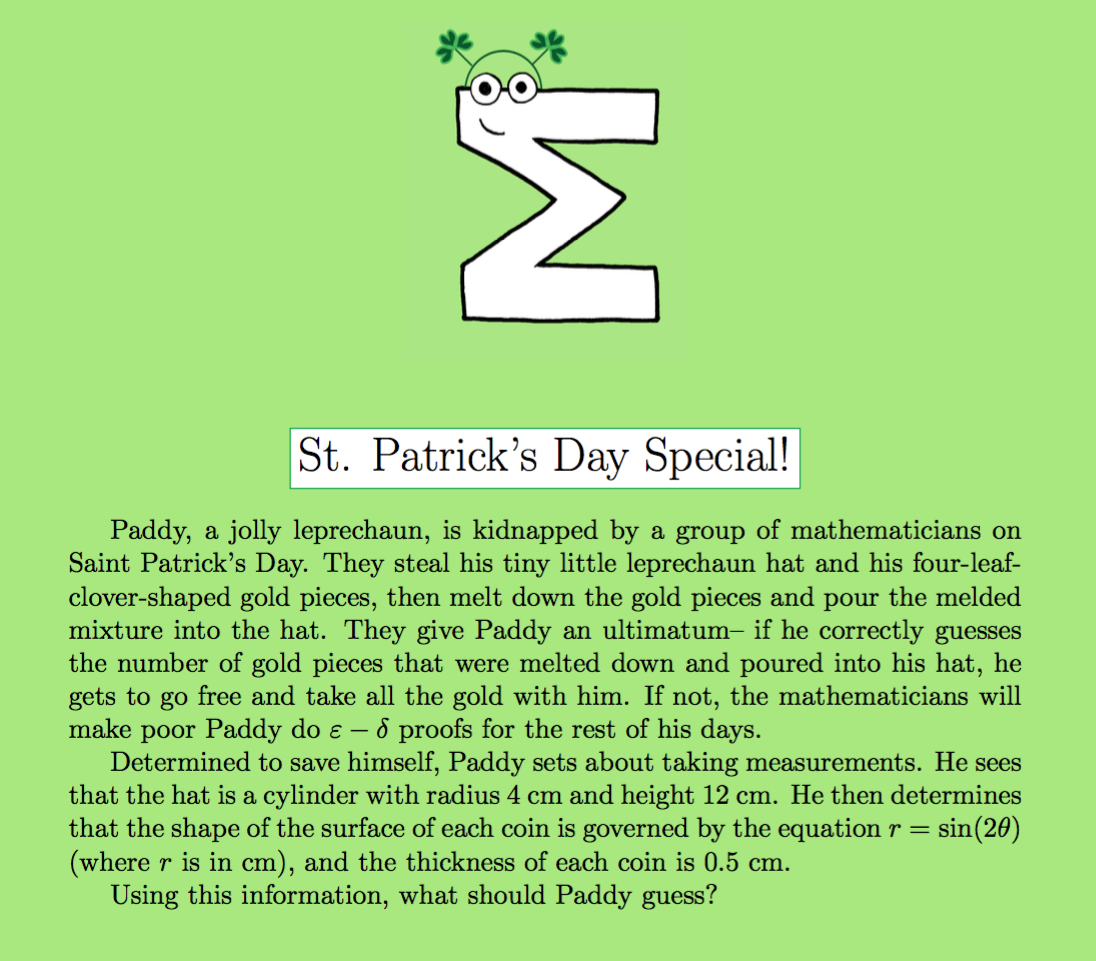 The Center of Math Blog: Kidnapped Leprechaun- A St. Patrick's Day Special!