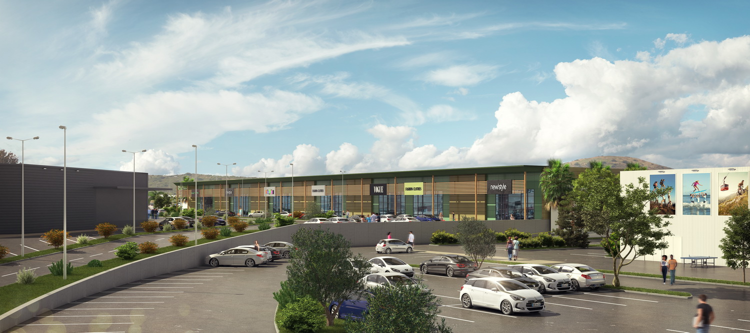 Perspective 3D d'une zone d'activité et centre commercial