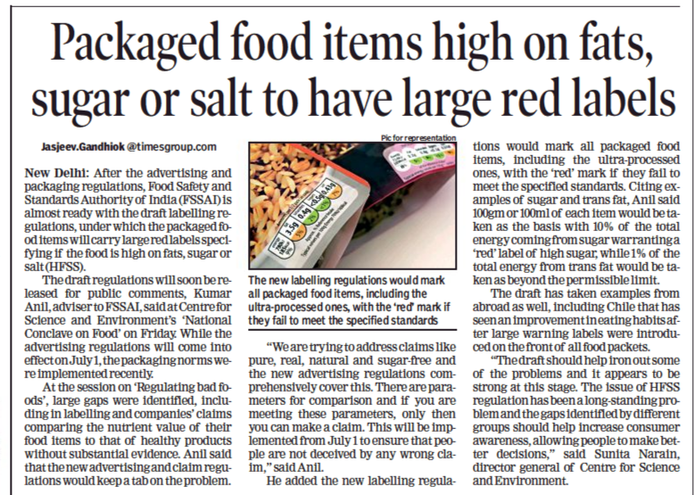 FOOD SAFETY LATEST: Packaged food items high on fats, sugar or salt to ...