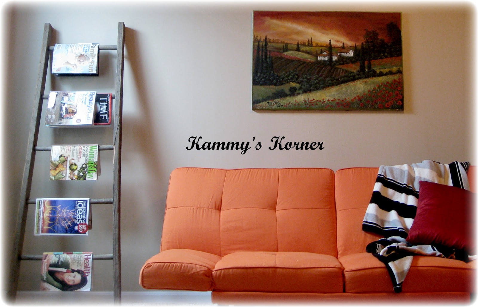 Kammy's Korner: Finished Basement Peek {Ladder Magazine Rack}