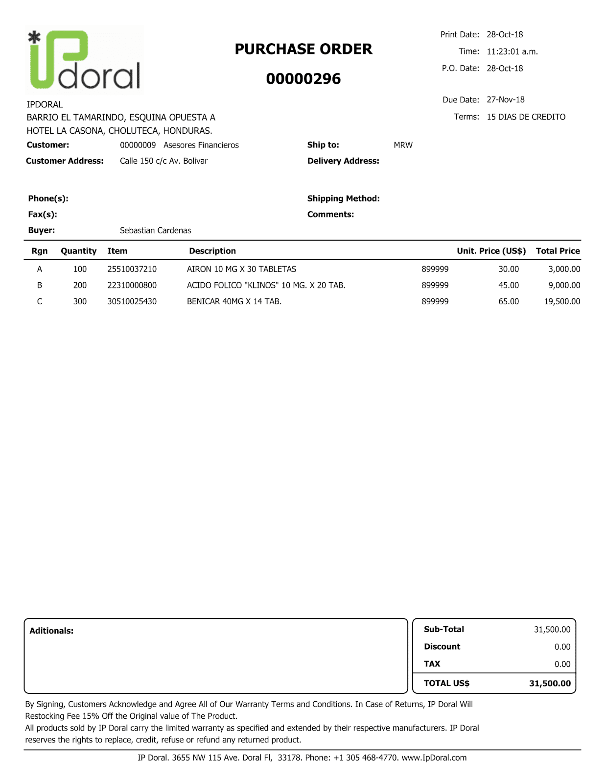 Ejemplo de un Formato de Pedidos de Clientes de eFactory ERP