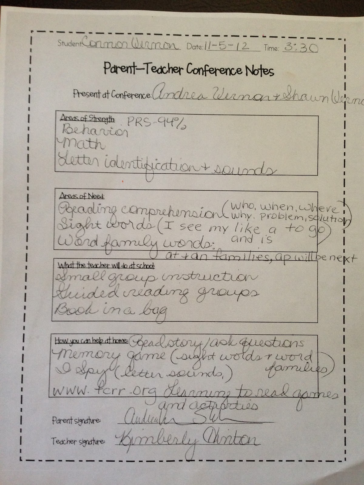 Parent Teacher Conference Notes Template - prntbl ...
