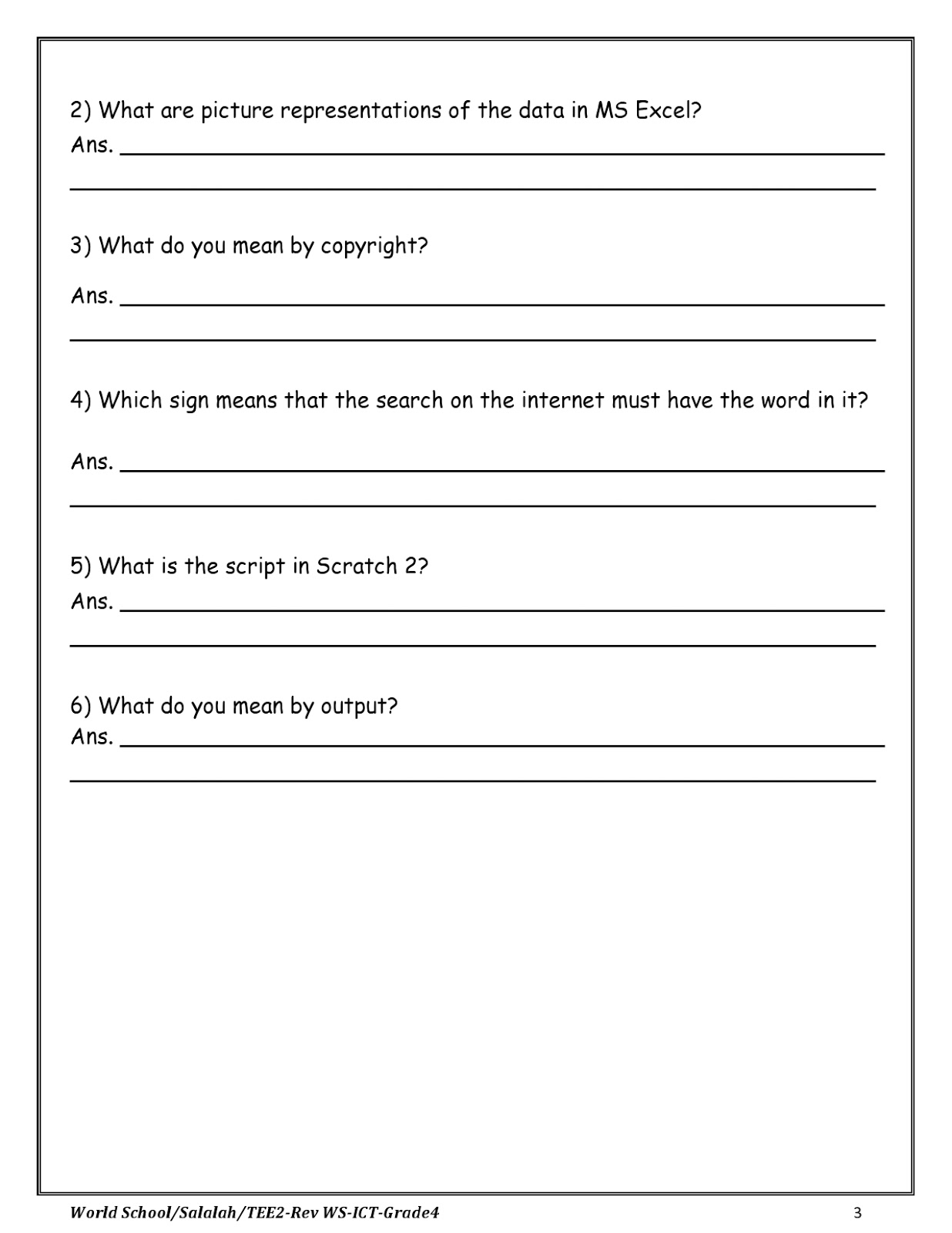 Birla World School Oman: ICT Revision worksheet for Grade 4