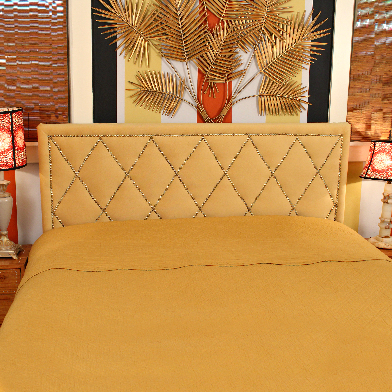 Mark Montano: Harlequin Pattern Nailhead Trim Headboard