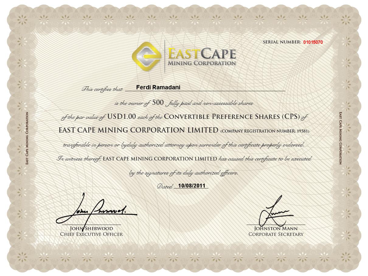 Investasi Emas Plus: Contoh Sertifikat kepemilikan Saham di EastCape