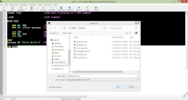 Program to print "Hello World" in Assembly Language using emu 8086