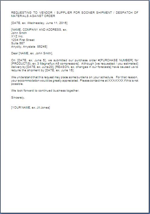 Early Delivery Request Letter Format