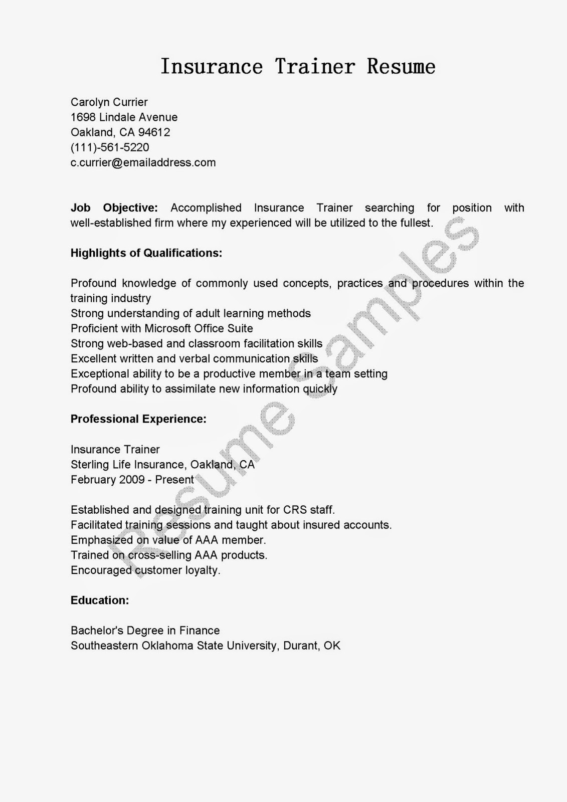 Resume Samples: Insurance Trainer Resume Sample