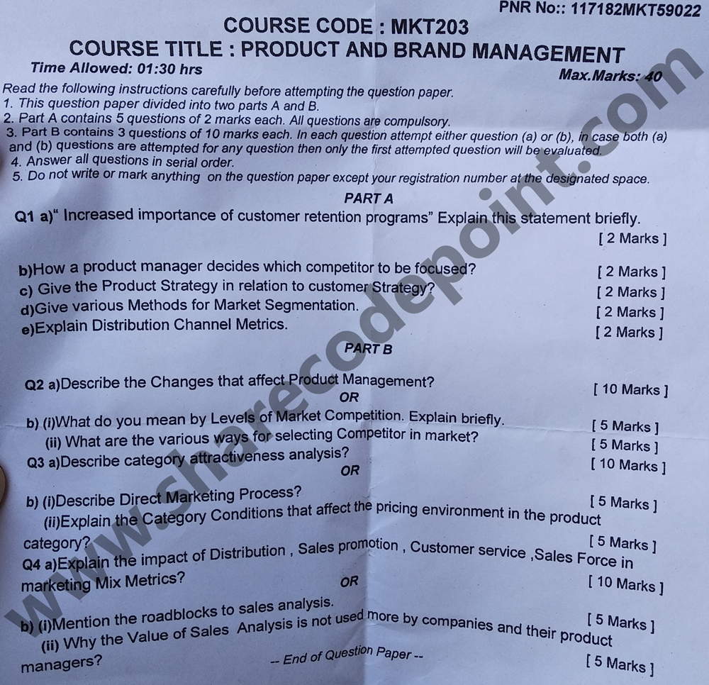 MKT203 : Product And Brand Management Mid Term Exam Question Paper ...