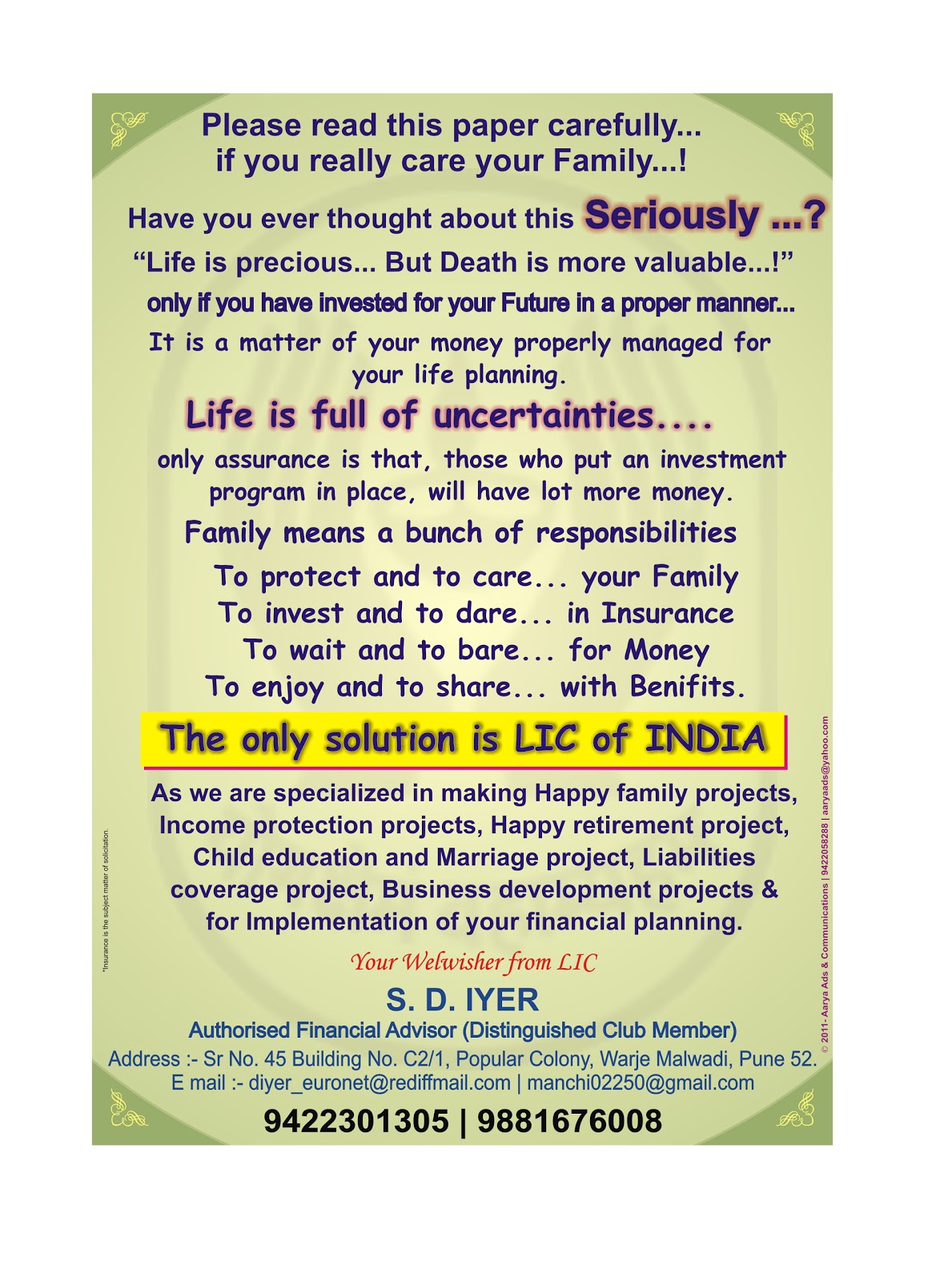 "Aarya Ads & Communications, Pune": Pamphlet Of LIC