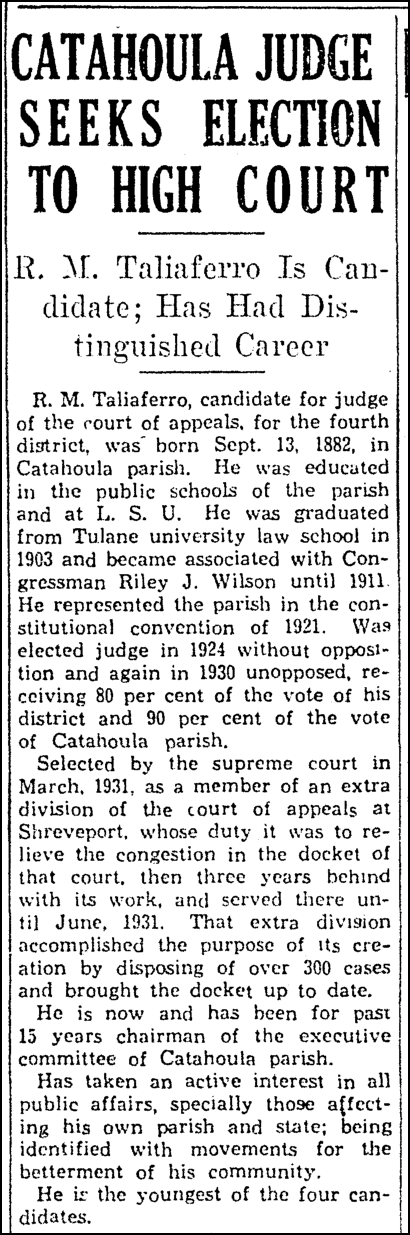Roots From The Bayou: Catahoula Judge Robert Monroe Taliaferro, Sr.