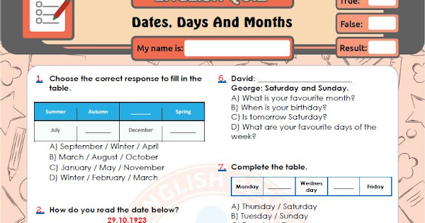 Saying dates, days and months - multiple choice quiz | www.elt-els.com