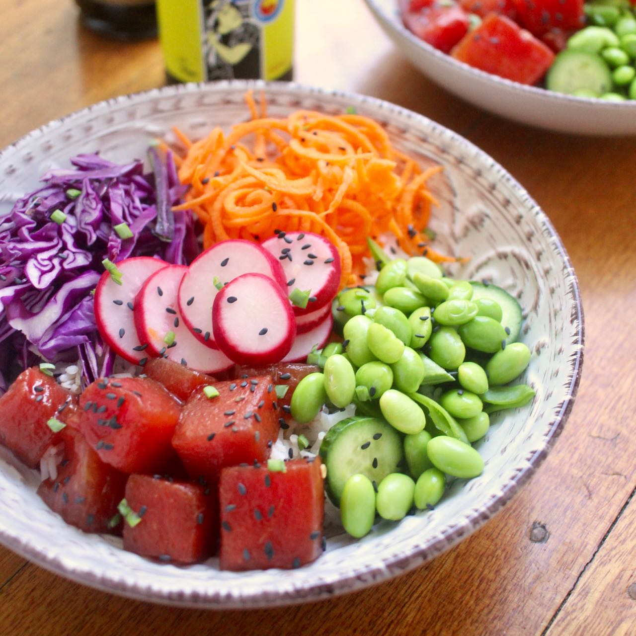Green Gourmet Giraffe: Watermelon poke salad bowl with pickled radishes