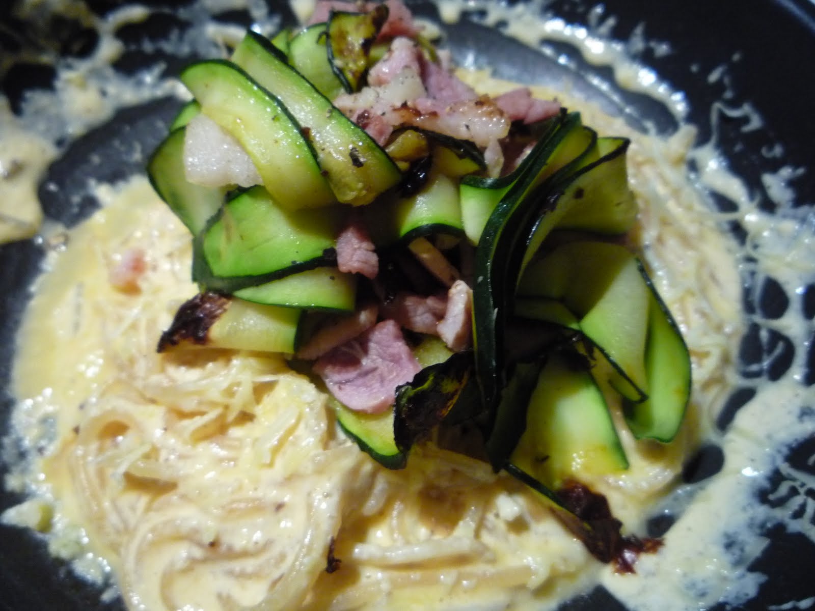 Blue Sky Cook: Spaghetti Carbonara with Courgette ribbons (serves 1)