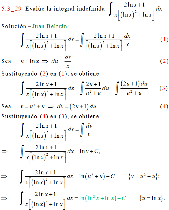 Cálculo21: Integral indefinida con logaritmo natural. Leithold 5.3_29