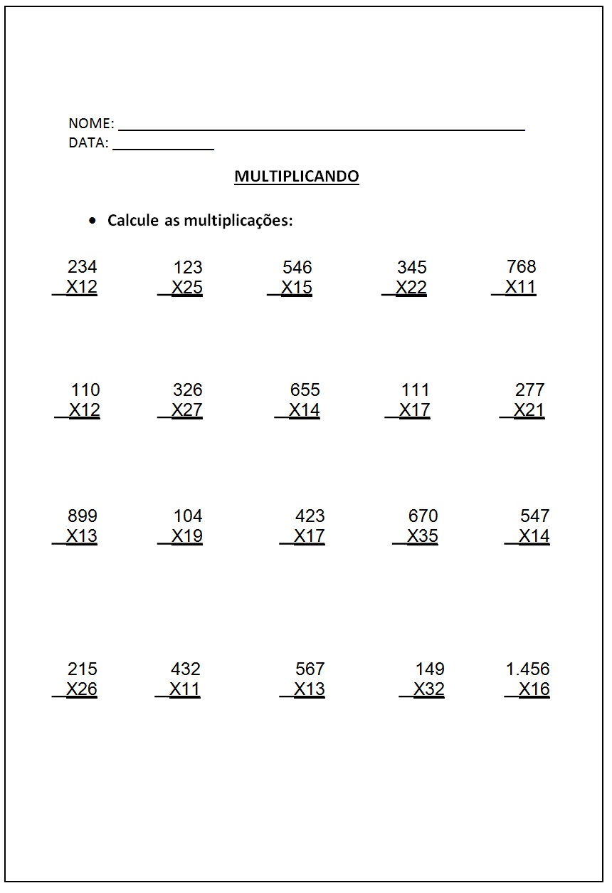 Atividades De Divisão E Multiplicação 5 Ano Librain