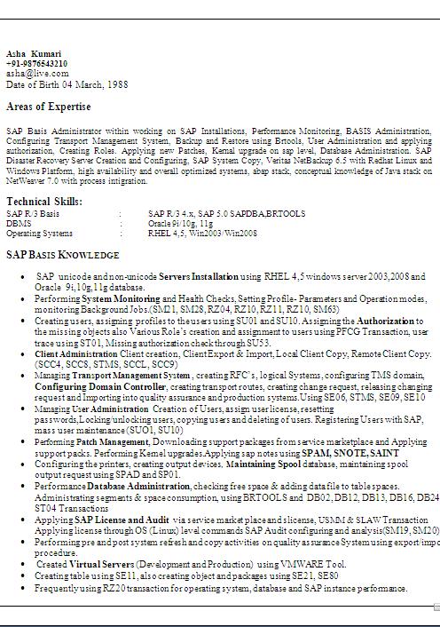 SAP Basis Resume With 8 Years Experience in Word Format