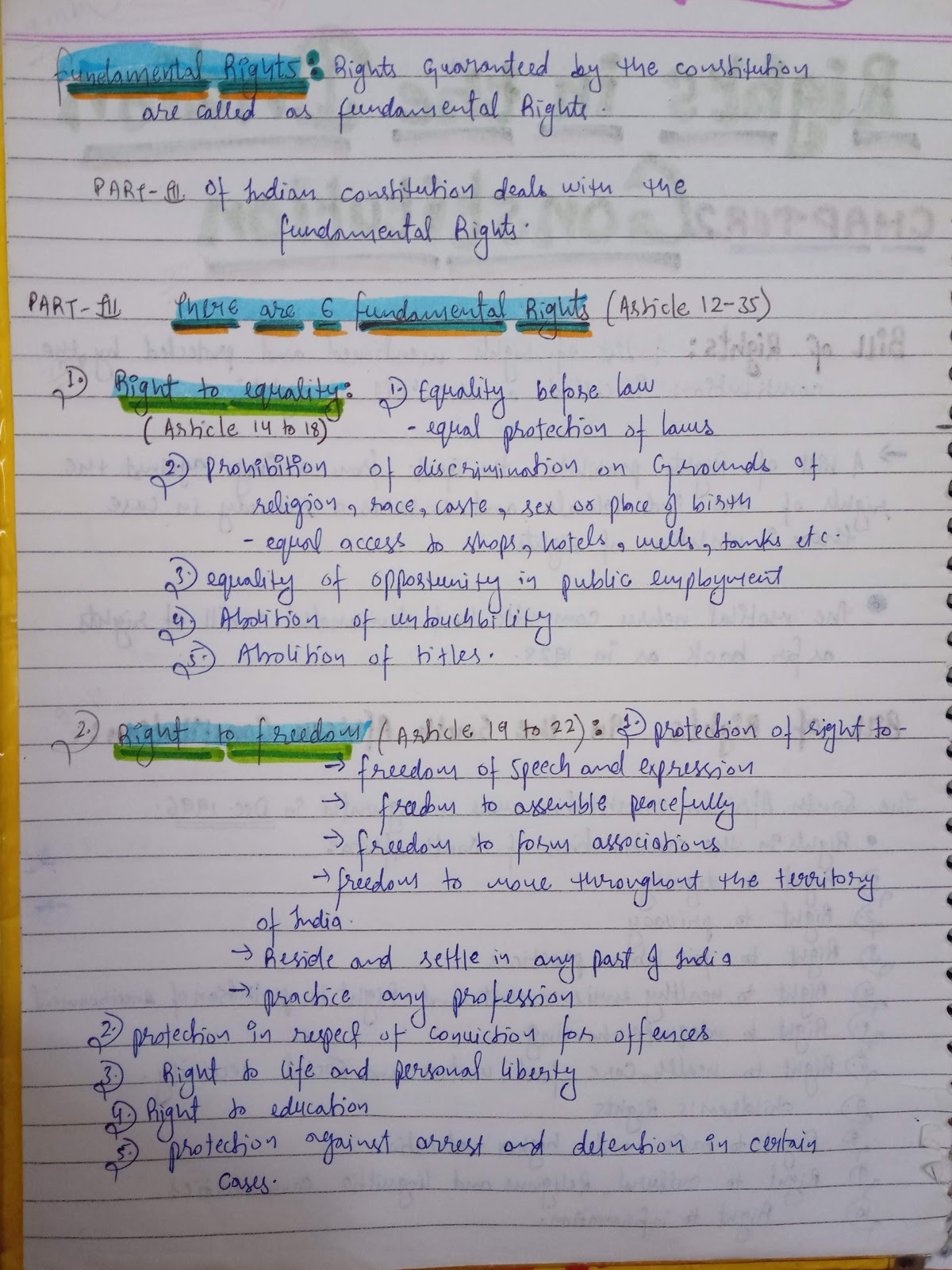 Handwritten Notes of RIGHTS IN THE INDIAN CONSTITUTION - Political ...