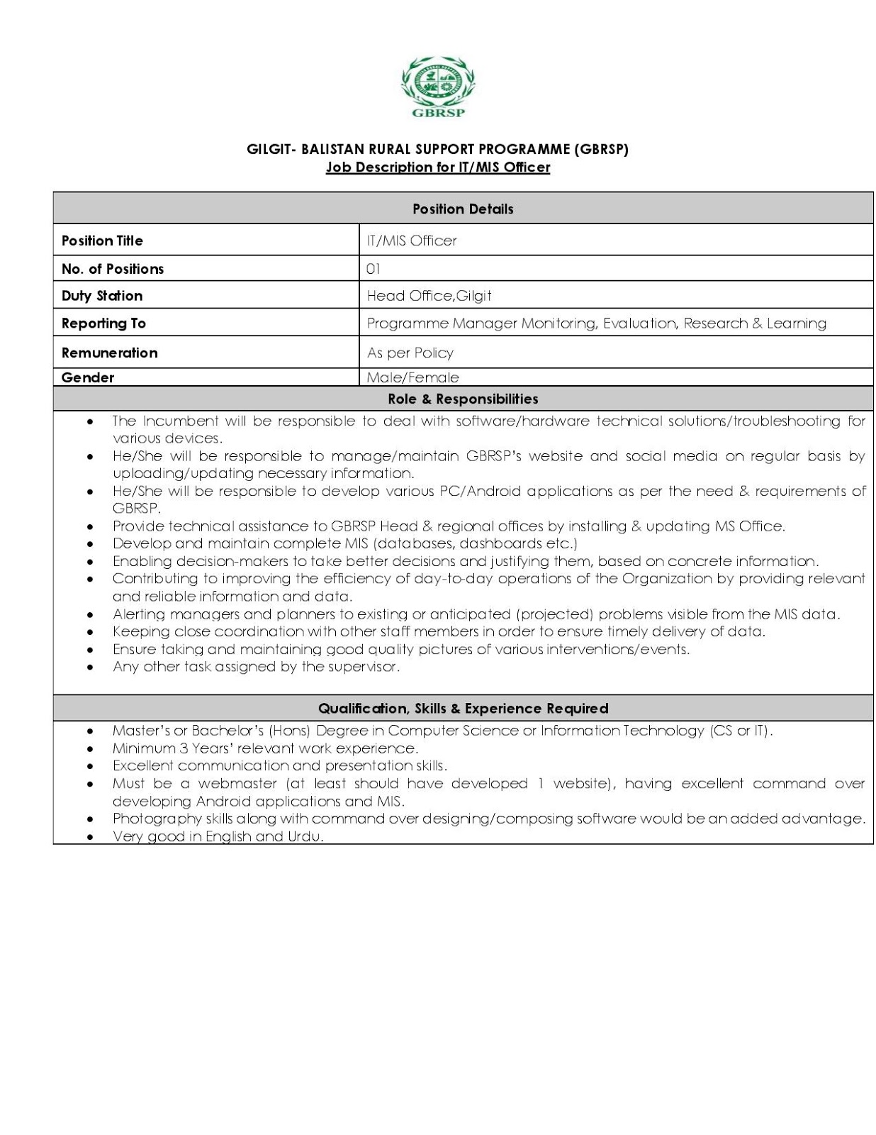 Gilgit-Baltistan Career Forum: Gilgit-Baltistan Rural Support Programe ...