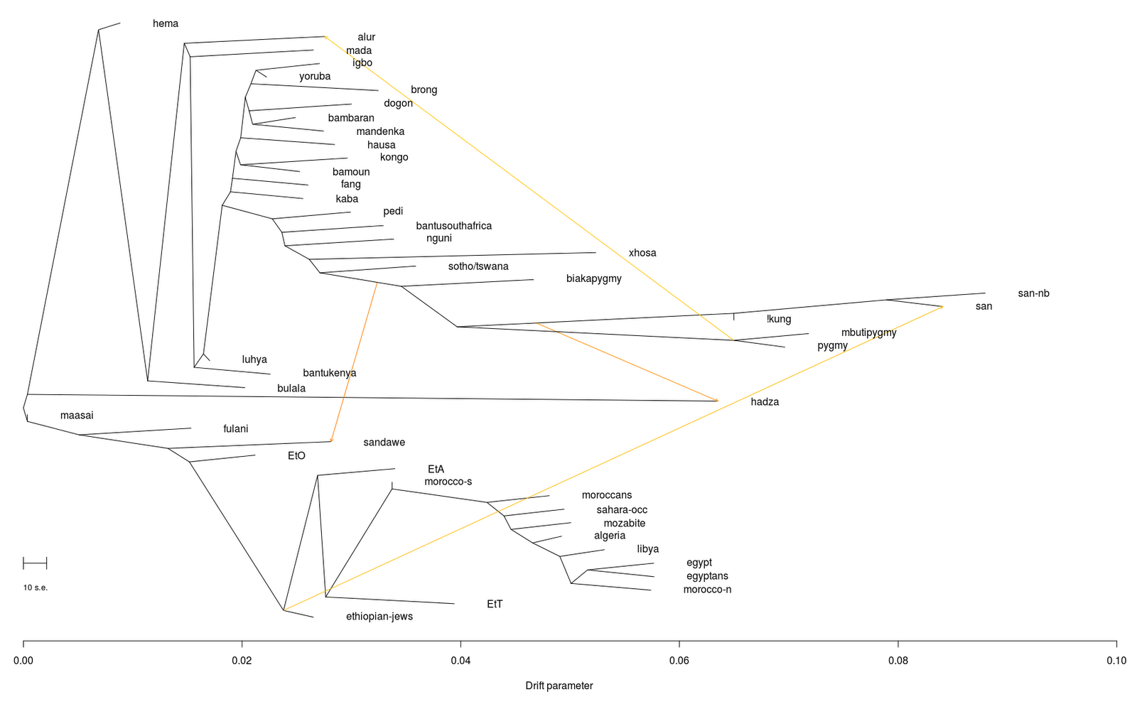 Ethio Helix ኢትዮ:ሒሊክስ: TreeMix analysis on the African Dataset