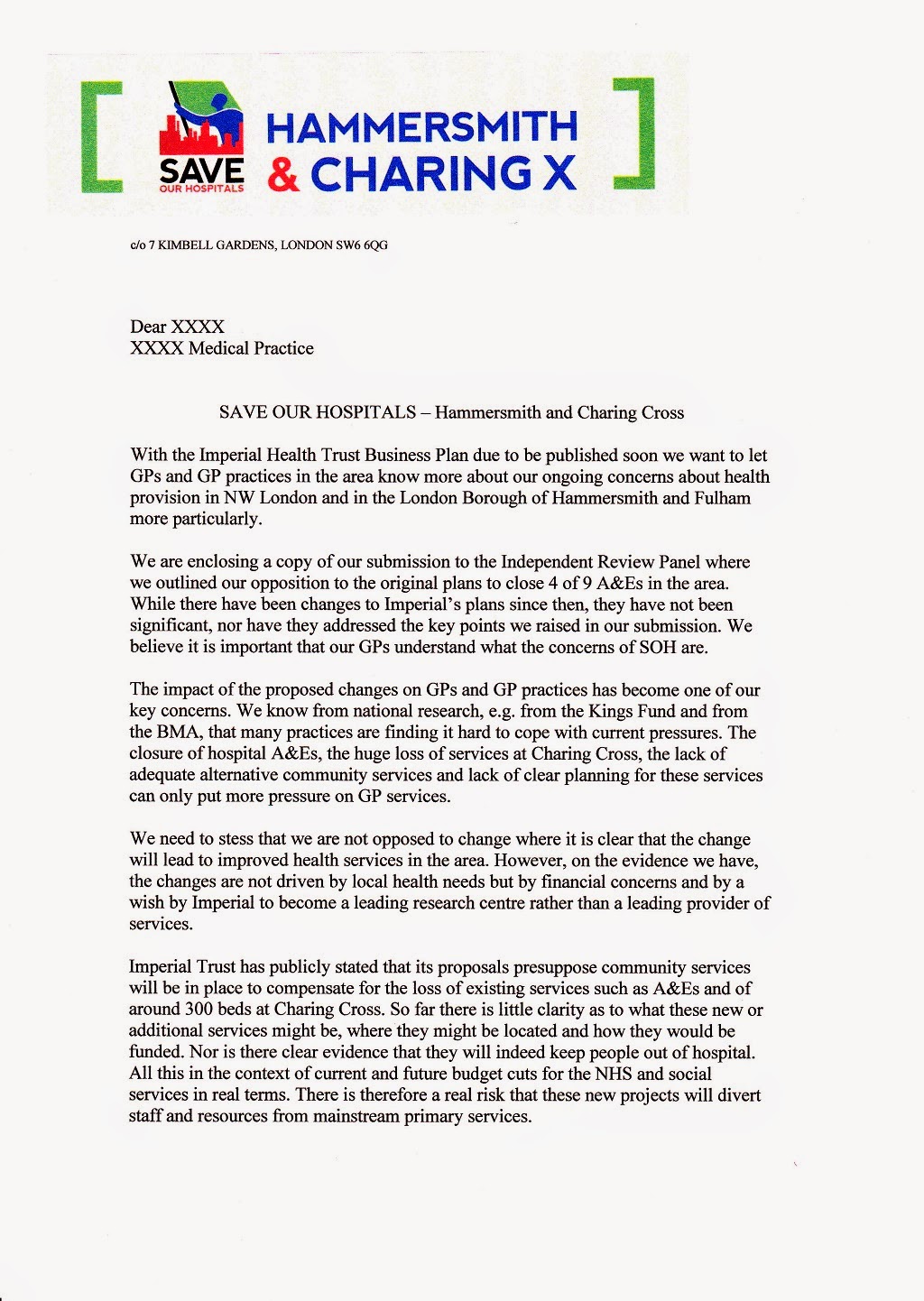 SAVE OUR HOSPITALS: Letter sent to all the GPs in the area with the IRP
