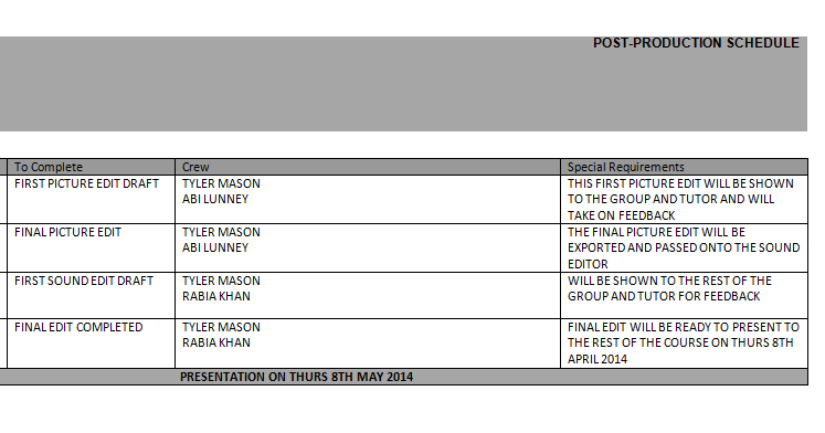 Creative Media Practice Project: Post-Production Schedule