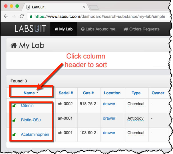 LabSuit Support: Sort lab inventory by any field