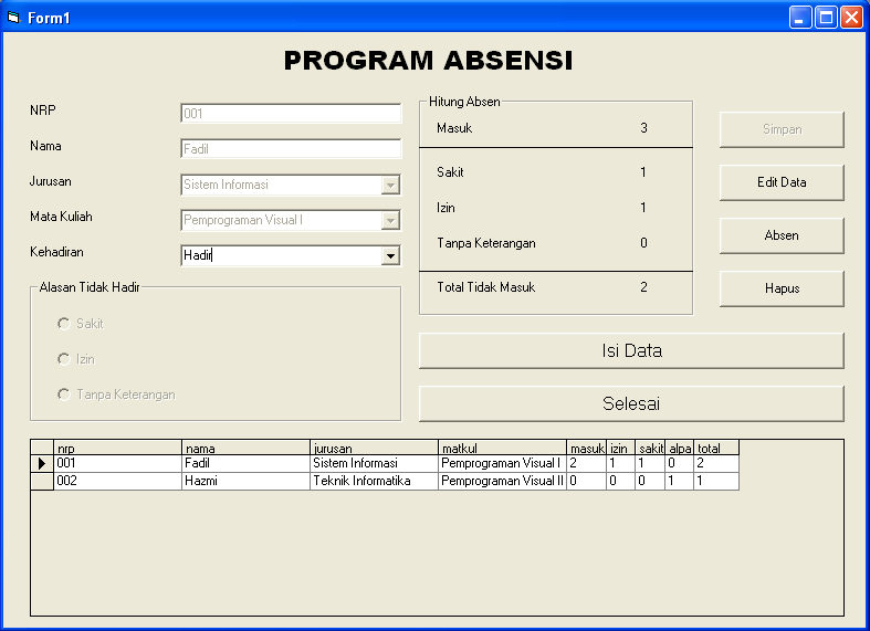 Contoh Program Absensi Sederhana Dengan Visual Basic 6 - Hilal