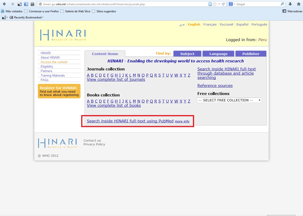 El Patio del Automóvil: Búsqueda en PubMed a través de HINARI