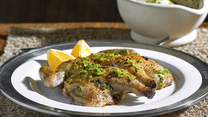 Grilled flat chicken with broad bean crush recipe | Arabic Food Recipes