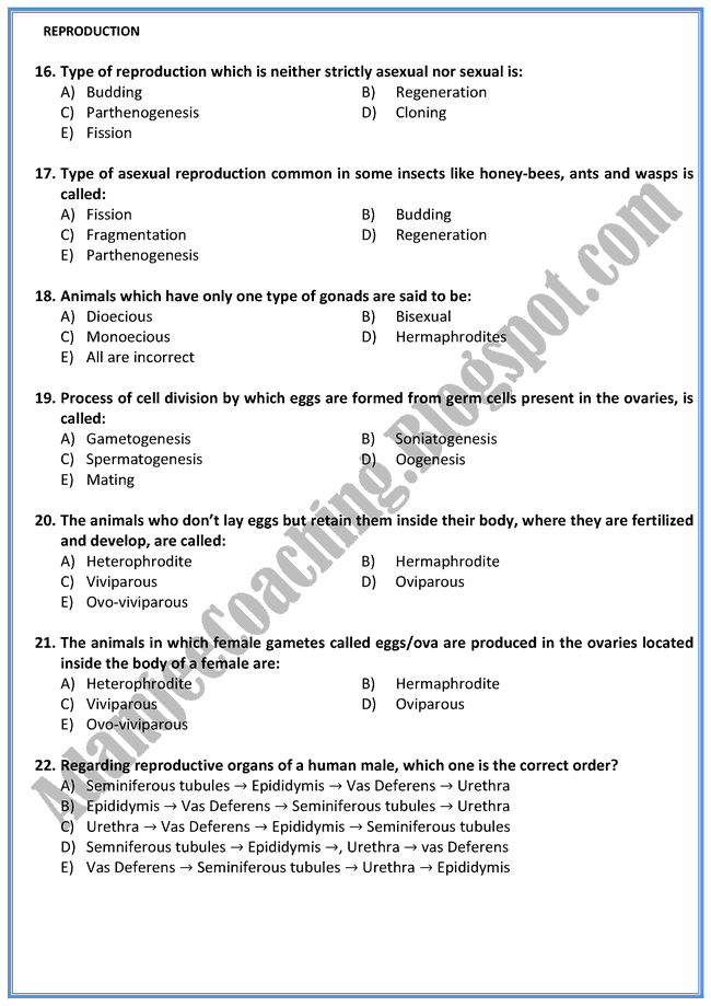 Adamjee Coaching: Biology Mcqs XII - Reproduction - Mcqs Adamjee Coaching: Biology Mcqs XII - Reproduction - Mcqs