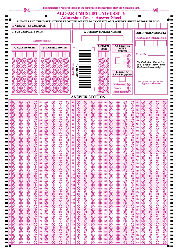 Sample OMR Sheet as AMU Admission Guide-2017