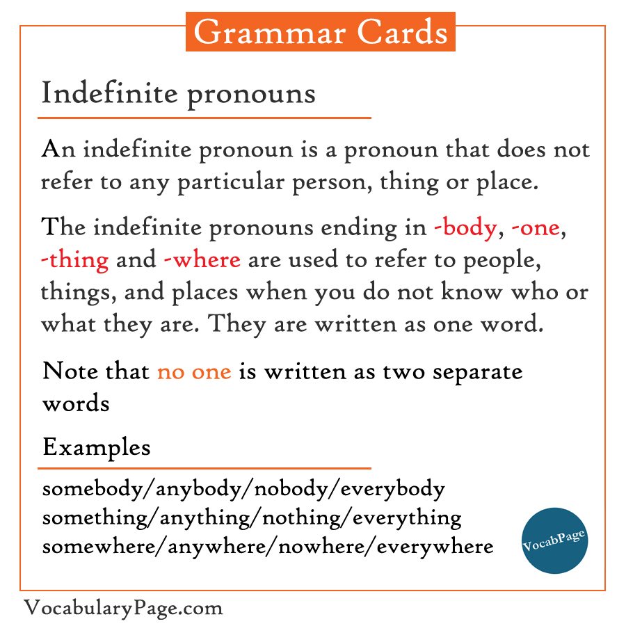 Indefinite pronouns (-body, -one, -thing, -where)