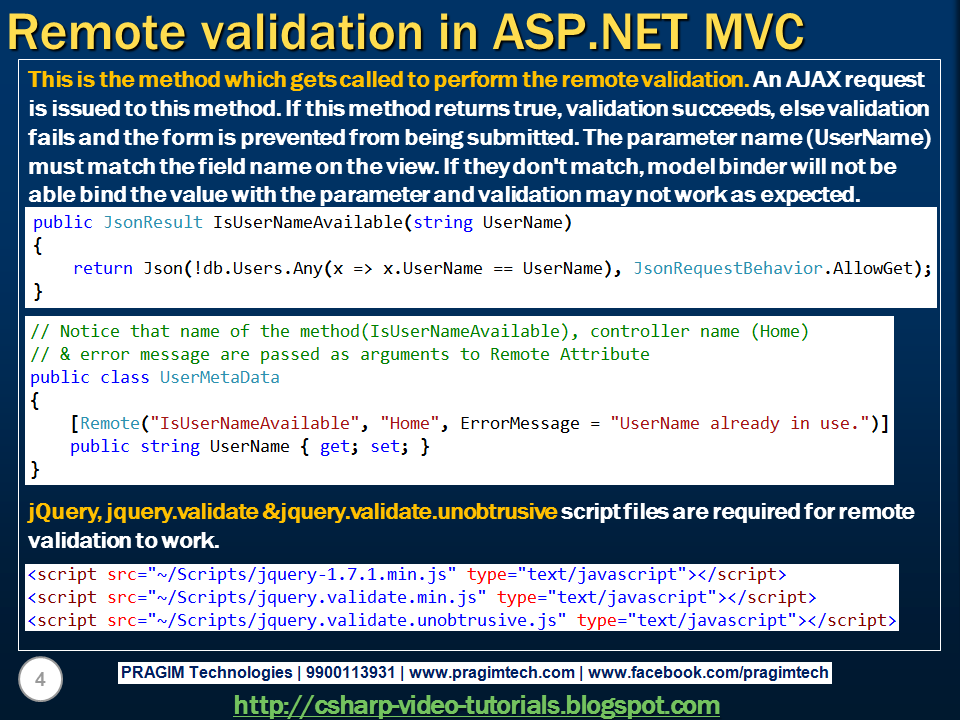 Sql server, .net and c# video tutorial: Part 89 - Remote Validation in MVC Sql server, .net and c# video tutorial: Part 89 - Remote Validation in MVC