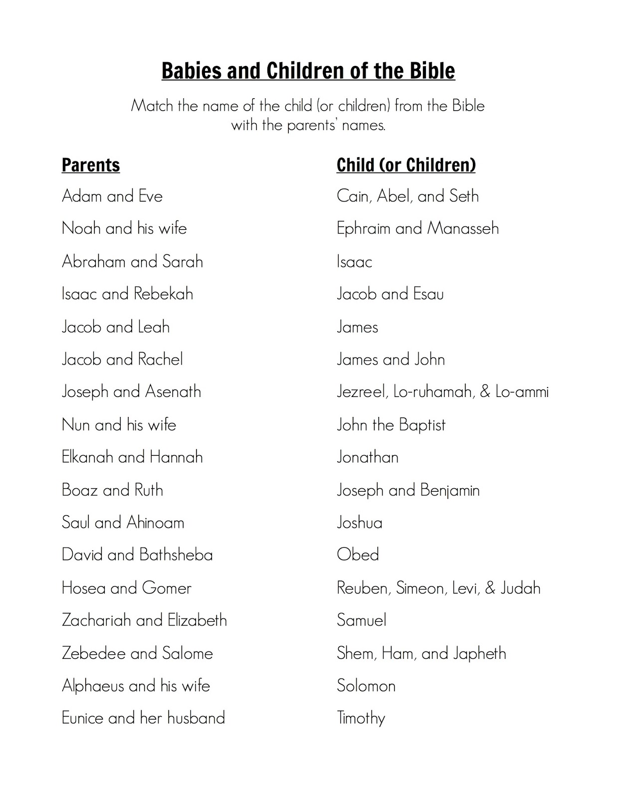 Parent/Child Matching Game