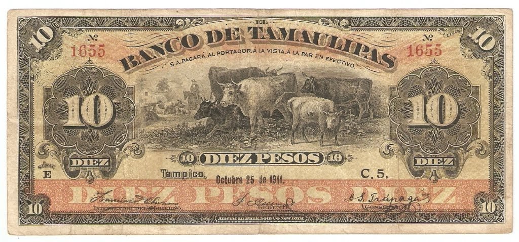 Mexico banknotes 10 Pesos bank note 1911 Banco de Tamaulipas|World ...
