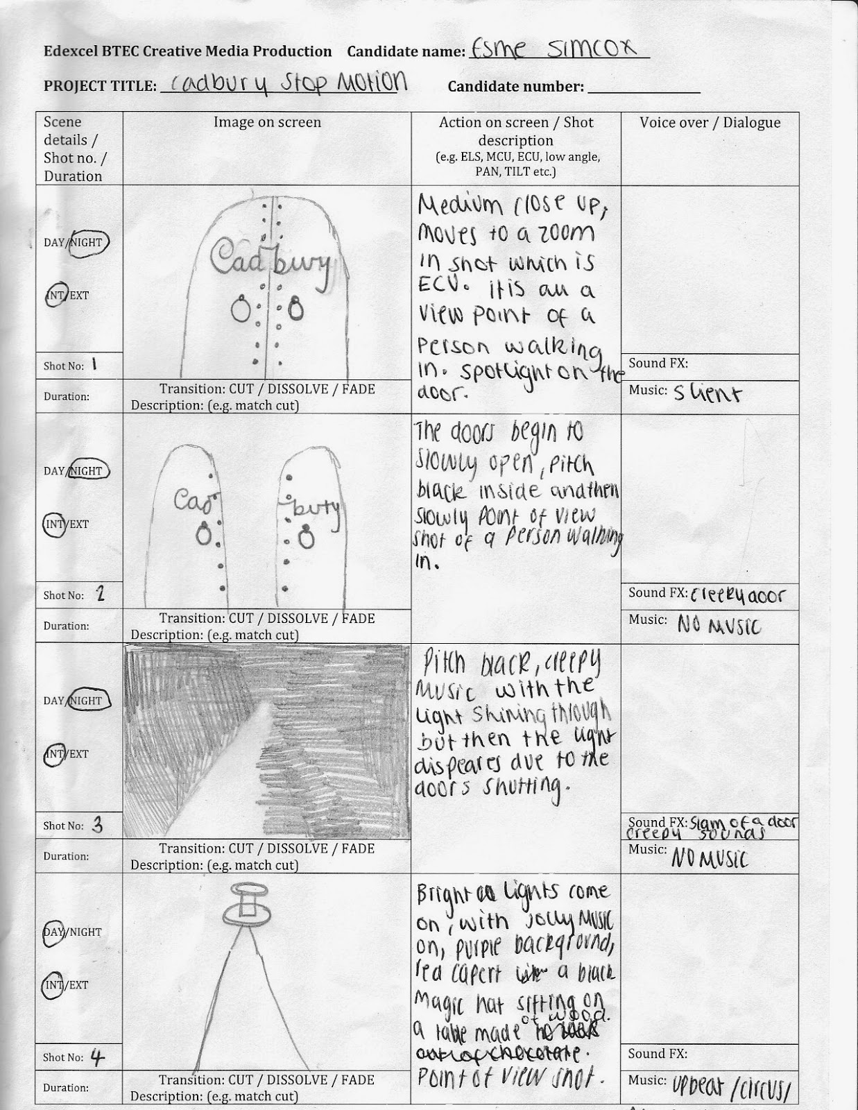 Unit 33 Stop Motion Animation: Storyboard for Cadbury Stop Motion advert