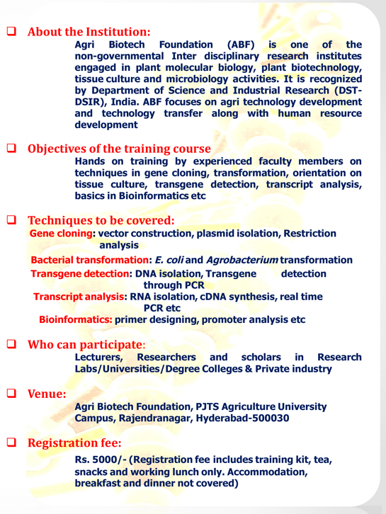 ABF Training Course on Techniques in Molecular Biology | 25-29 March 2019