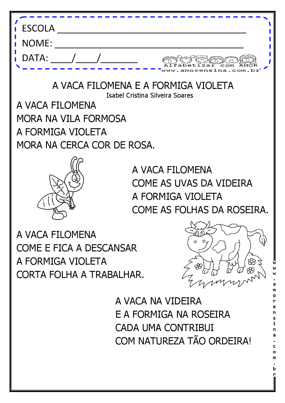 Alfabetizar com AMOR: A VACA FILOMENA E A FORMIGA VIOLETA - F/V - 1º ...