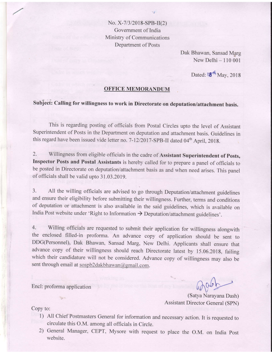 Calling for willingness to work in Directorate on deputation/attachment ...
