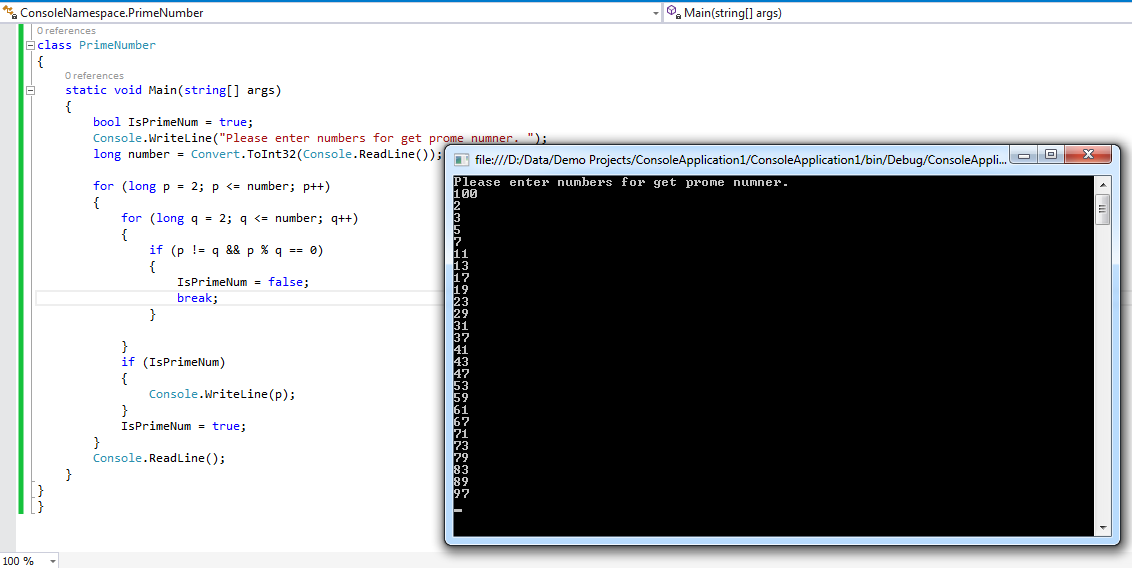 Prime number program using ASP.Net C#