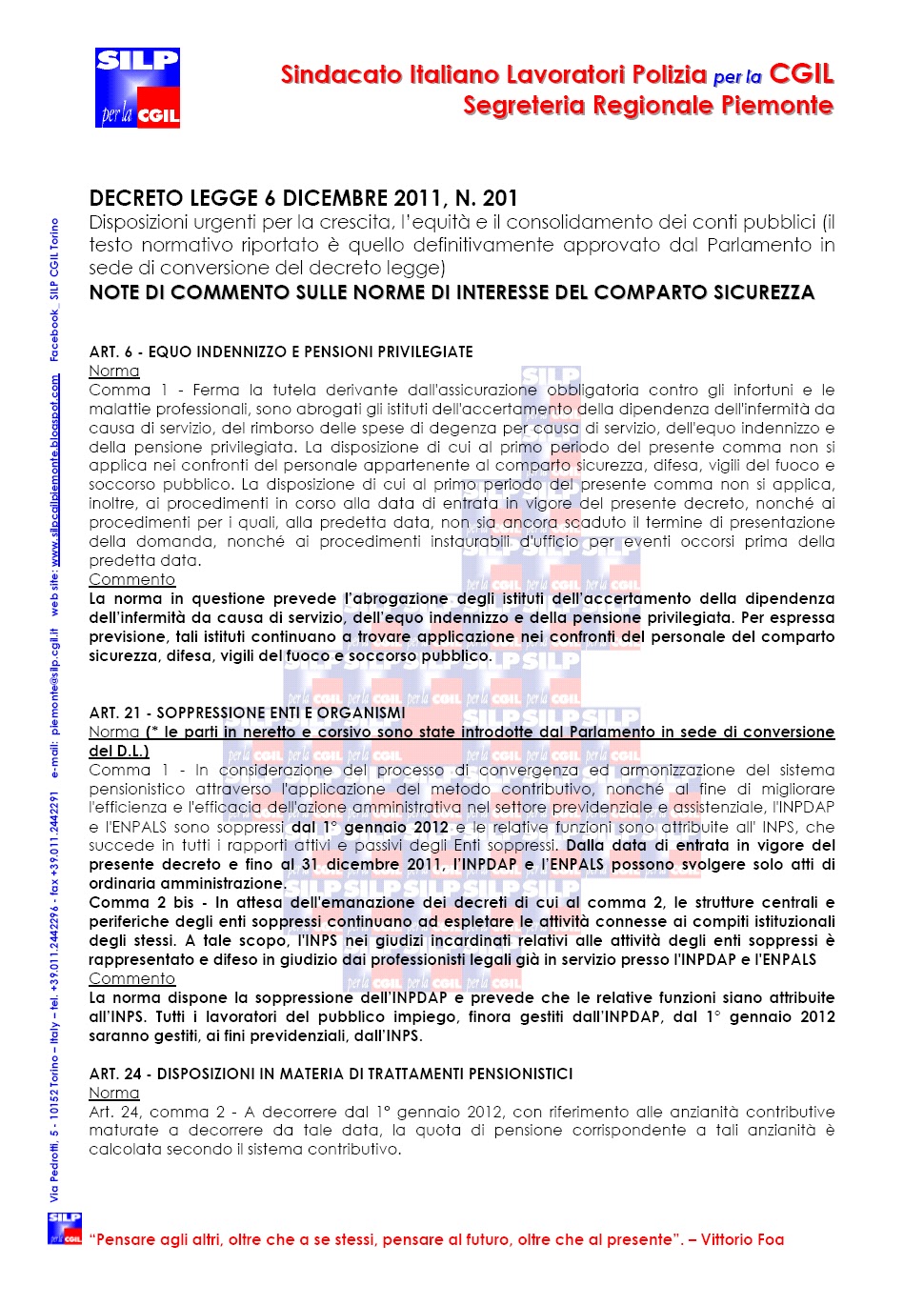 SILP CGIL Piemonte: DECRETO LEGGE 6 DICEMBRE 2011, N. 201