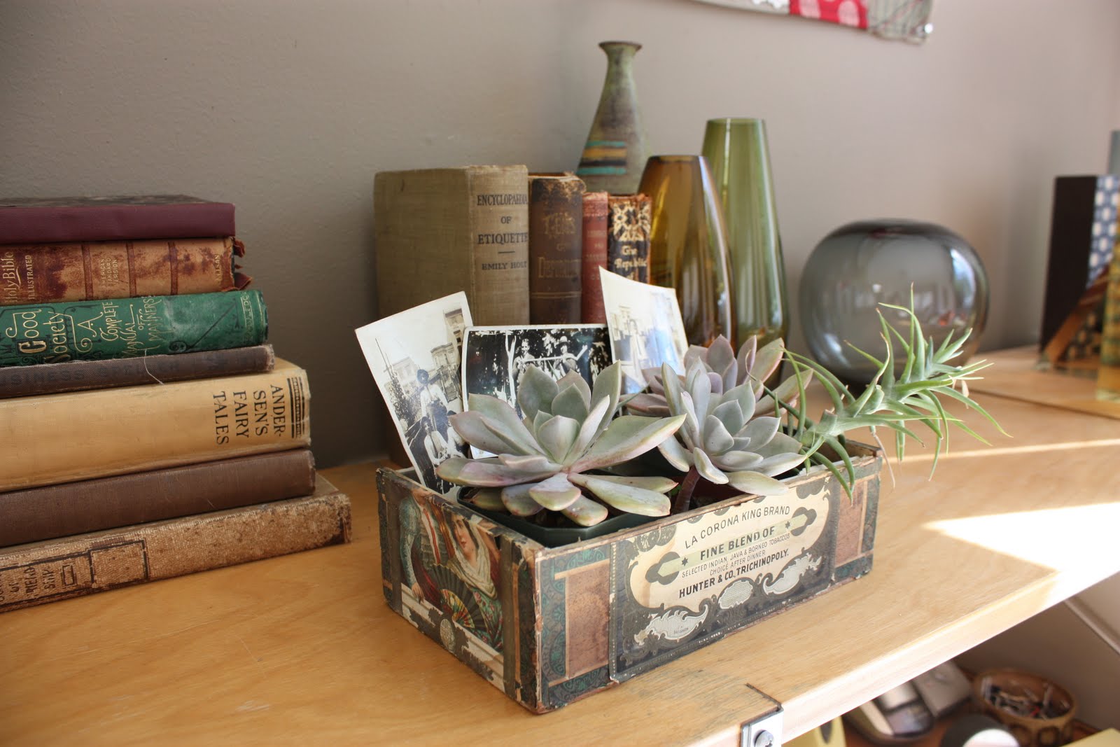 The Modern Mourner: vintage cigar box for photos and flowers