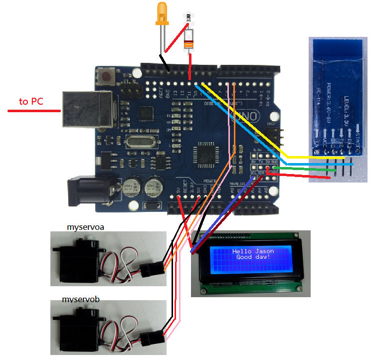 HoHo: Arduino+AI2 Step2: Android Bluetooth control LED ON_OFF and LCD display input Text + Servo ...