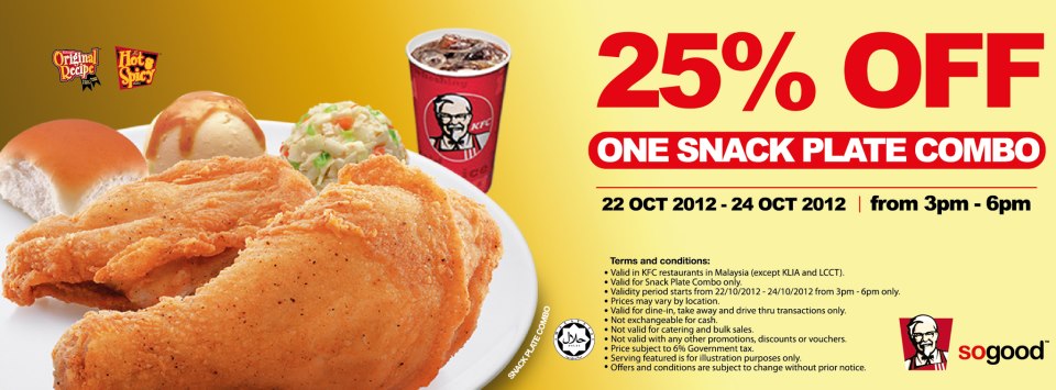KFC: 25% off KFC Snack Plate Combo - I LOVE FREE STUFF.