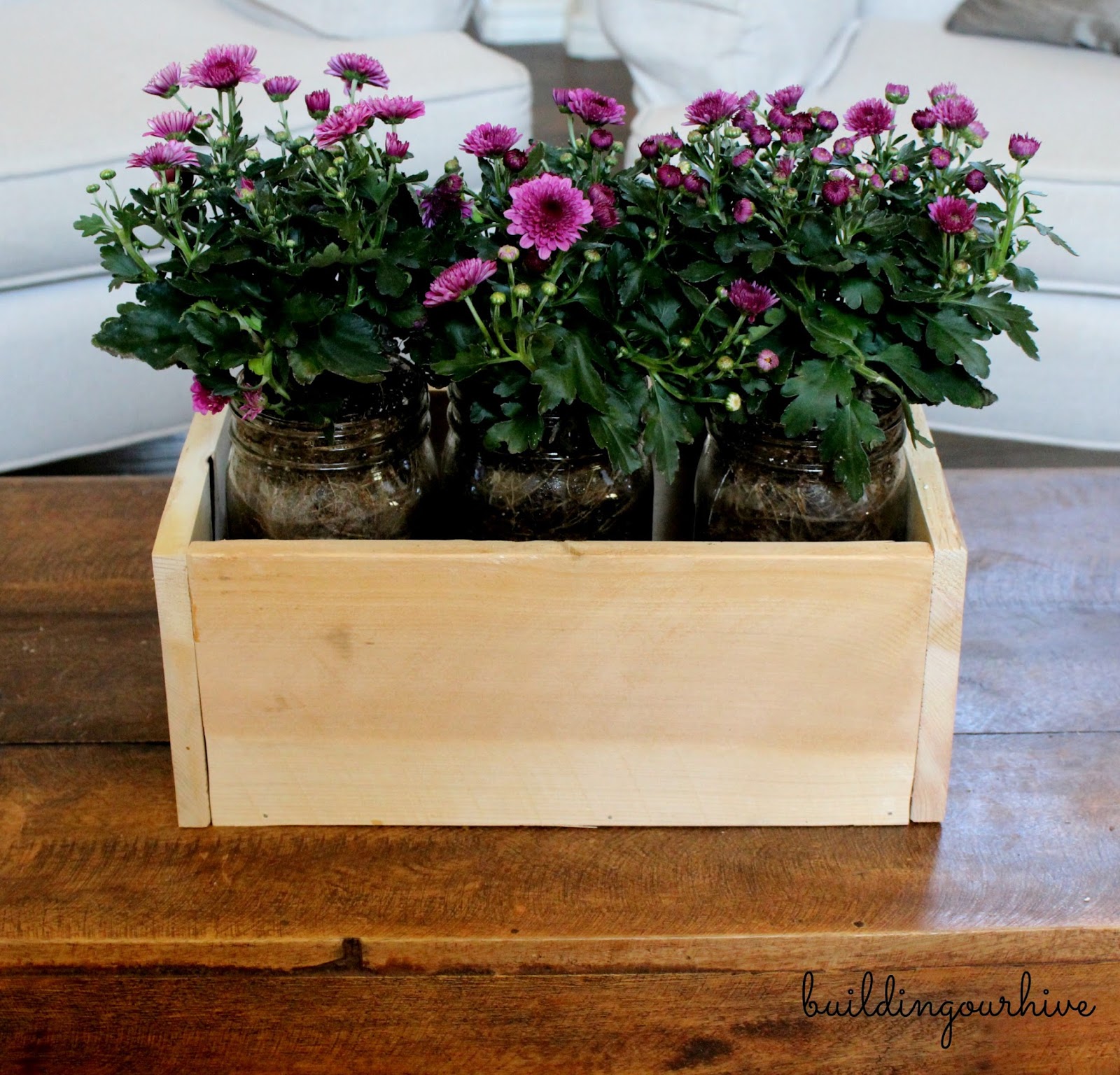 Rustic Wood Box, Mason Jars & Mums